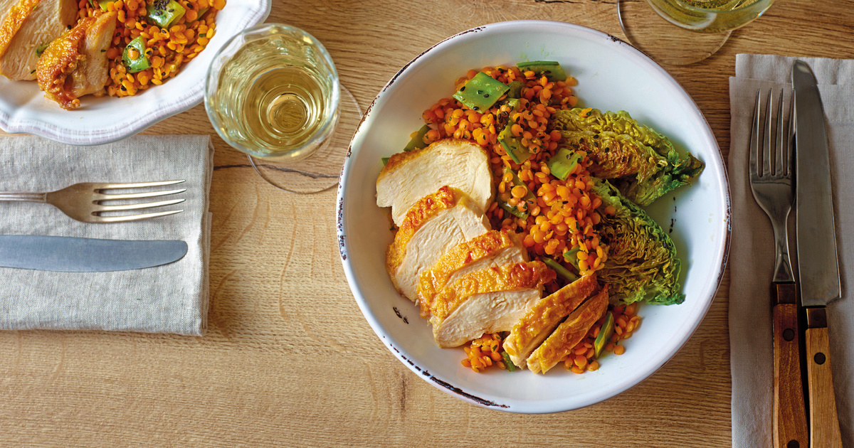 Hühnersalat mit Linsen und Curry-Sesamdressing • Rezept
